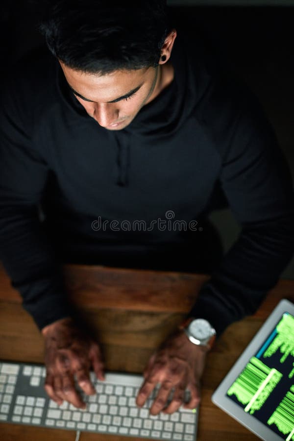 Hacker Man And Computer Keyboard In Night Programming Coding Software Or Password Hacking