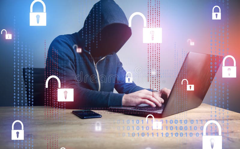 Hacker Man with Computer and Lock Icons Stock Photo - Image of attack ...