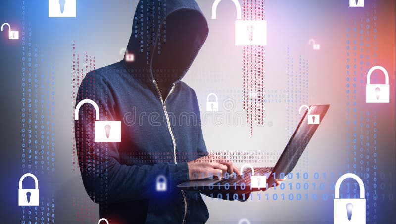 Hacker Man with Computer and Lock Icons Stock Photo - Image of padlock ...