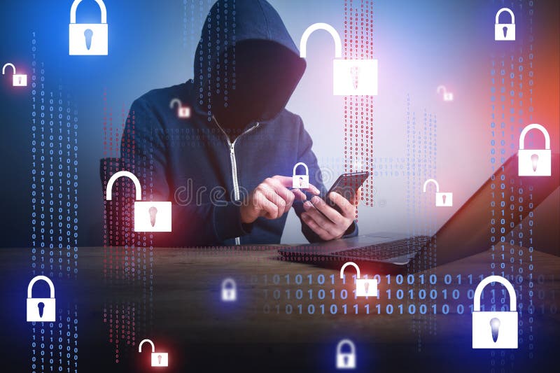 Hacker Man with Computer and Lock Icons Stock Photo - Image of typing ...