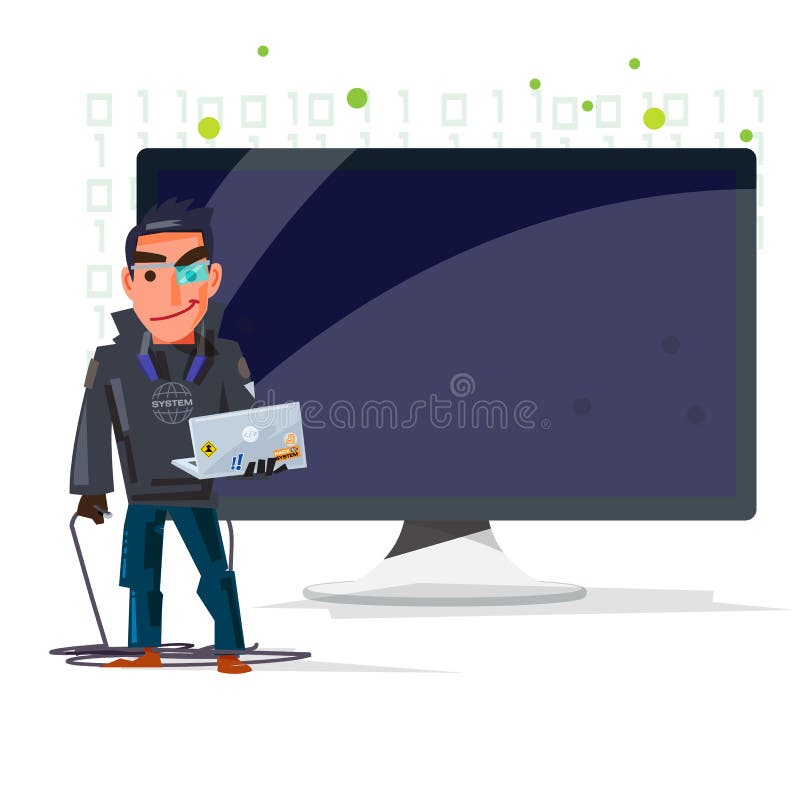 Hacker Man with Computer Screen. Presenting Knowledge for Cyber Stock ...