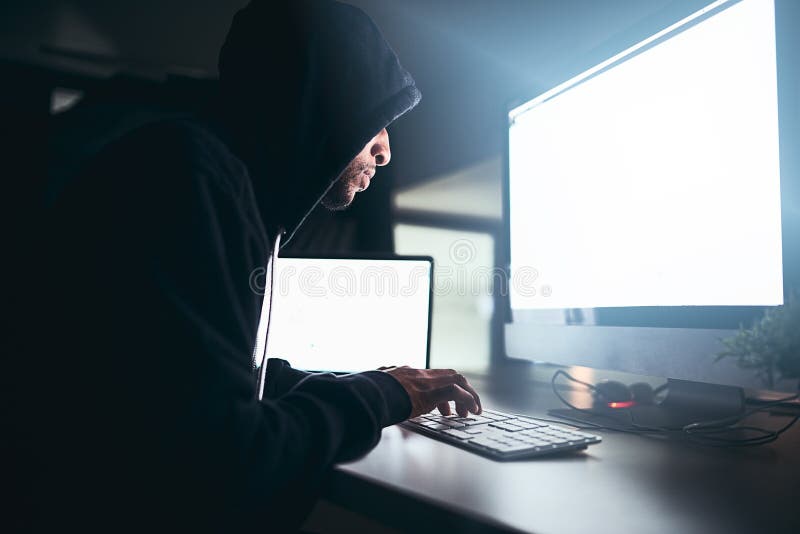 Hacker Man And Cyber Crime With Blank Screen And Computer For Security Hacking And Coding