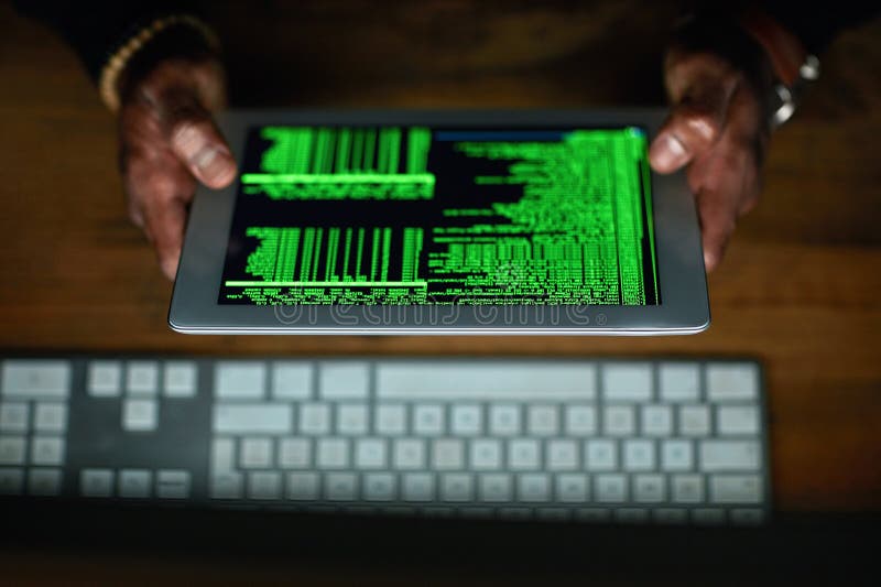 Hacker Man Hands And Tablet Screen For Software Data Code Or Password In Coding Programming