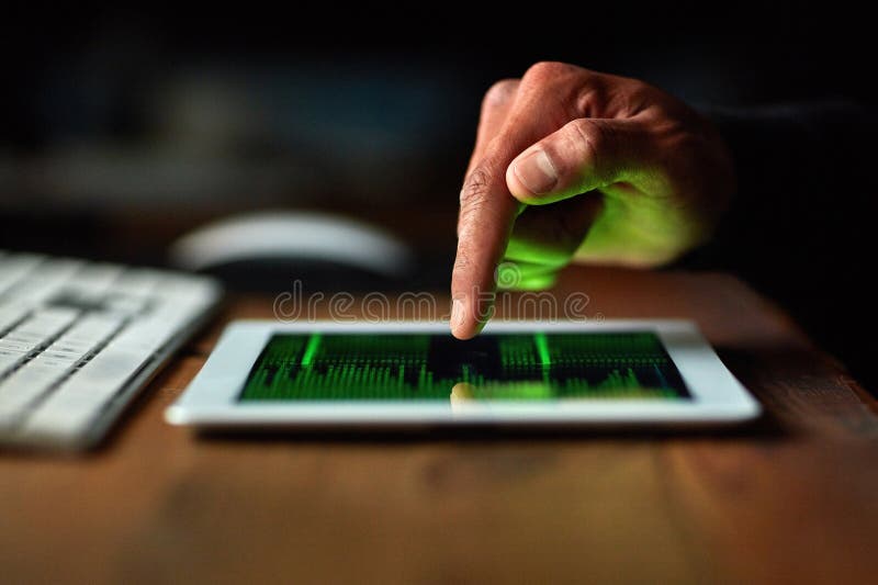 Hacker Man Hands And Tablet Screen For Software Data Crack Code Or Password And Dark Room In