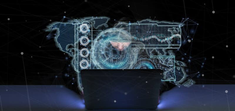 Hacker Man Holding a Technology Interface 3d Rendering Stock Photo ...