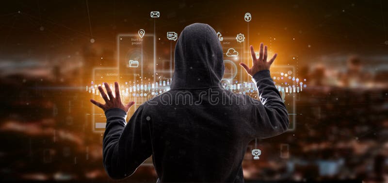 Hacker Man Holding User Interface Screens with Icon, Stats and Data 3d ...