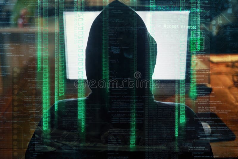 Hacker Man Hoodie And Computer Screen For Software Hacking Coding Or Programming At Night In