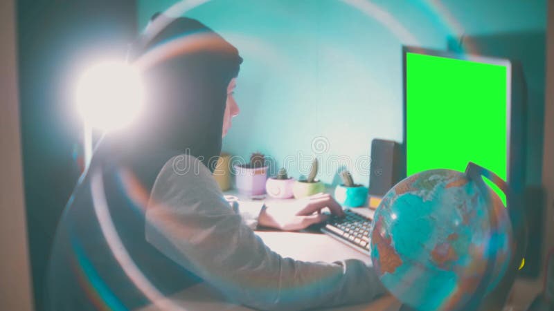 Hacker Man Programmer In The Hood Using Computer For Hack Information And Data From User Account