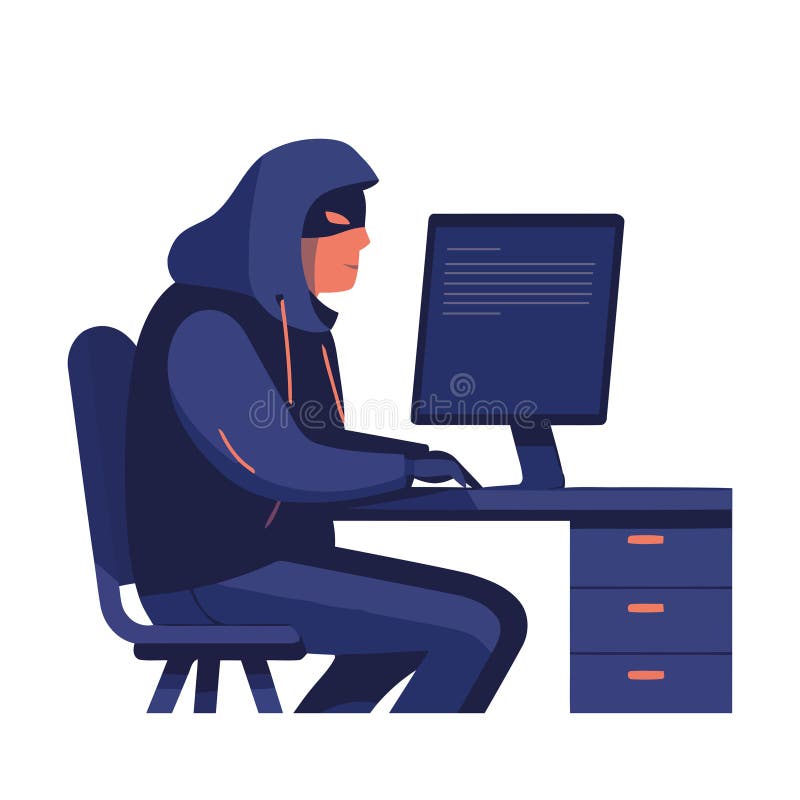 Hacker Man Sitting at Desk Typing on Computer Stock Vector ...