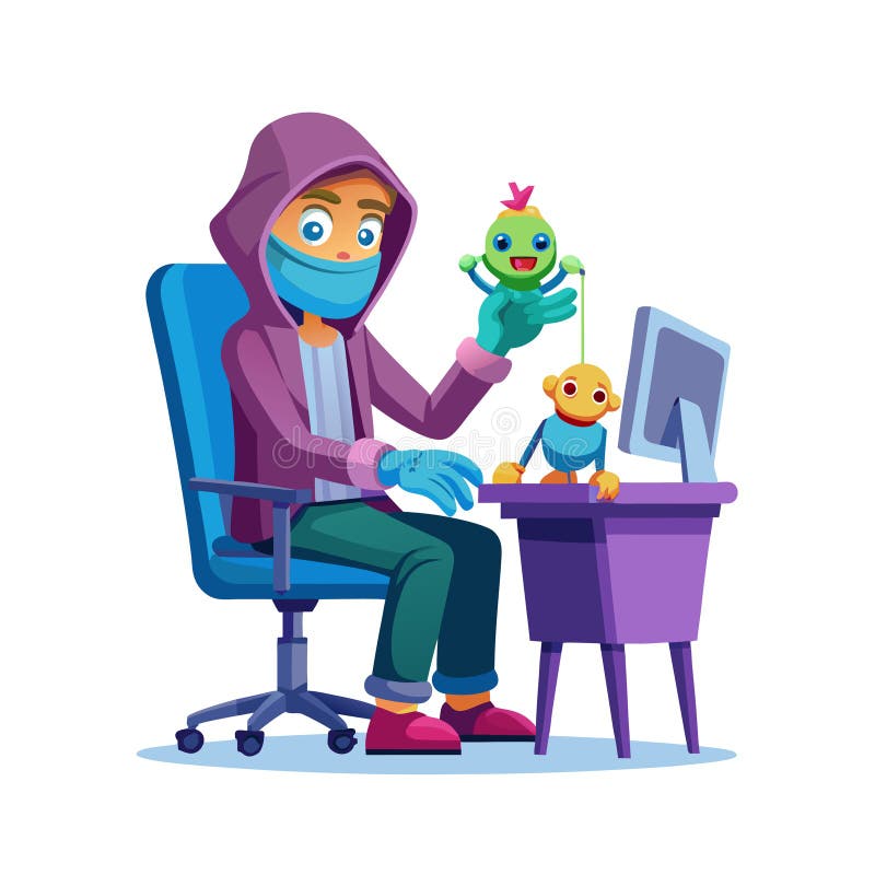 Hacker Manipulating Data with Puppet, Wearing Mask and Gloves ...