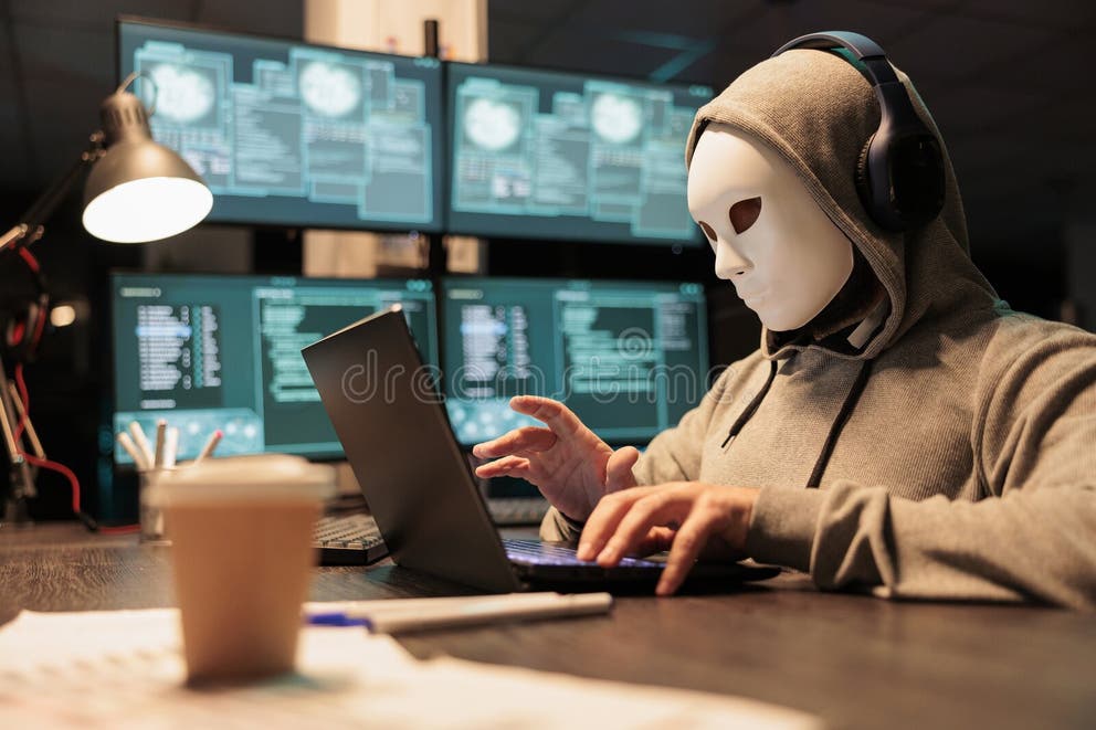 Hacker with Mask and Hood Breaking Security Server Stock Photo - Image ...