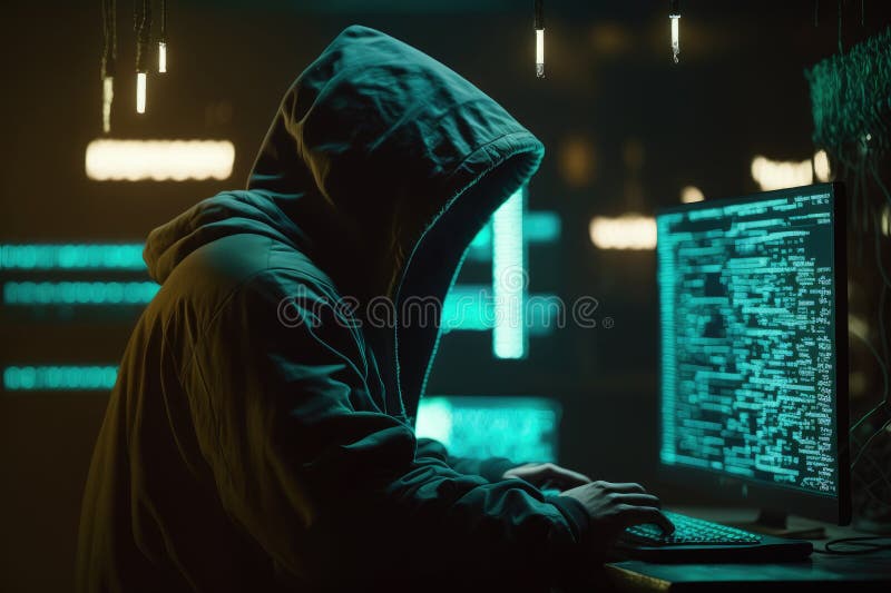 Hacker in a Mask and Hood Looks at the Laptop Screen. Hacking and ...
