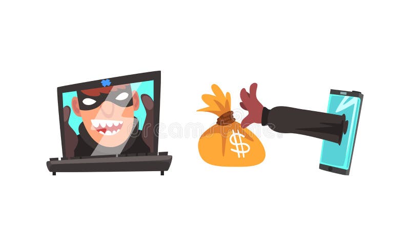 Hacker in Mask Stealing Money Using Laptop Vector Set Stock Vector ...