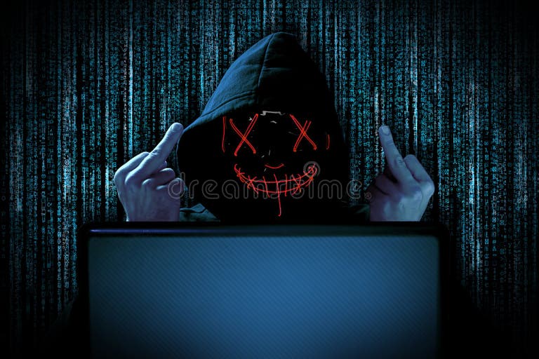 Hacker with Middle Fingers Gesture Provocation Red Glowing Mask Behind ...