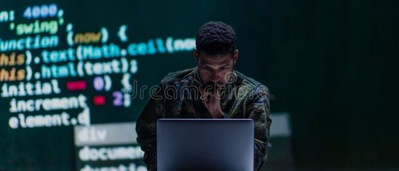 Hacker in Military Unifrorm on Dark Web, Cyberwar Concept. Stock Image ...