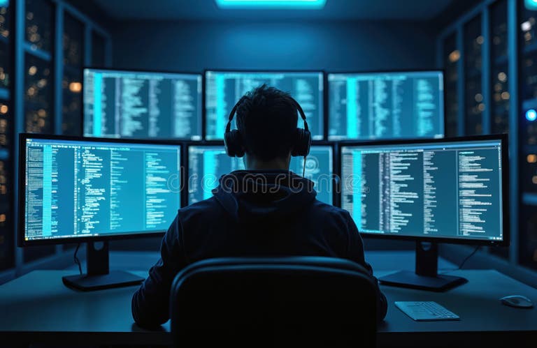 Hacker Monitors Server Room Screens in Dark. Cyber Security Specialist ...