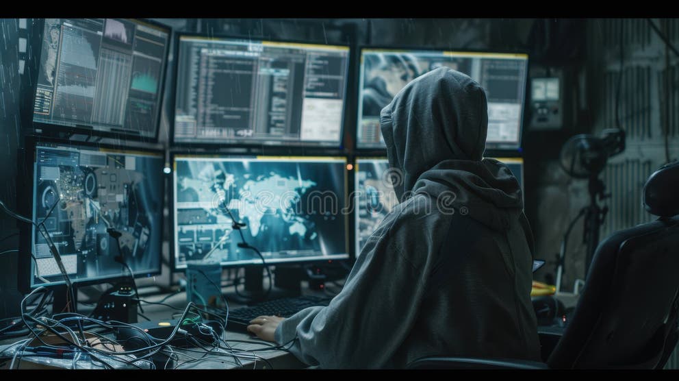 A Hacker at Multiple Monitors. AI Generated Stock Photo - Image of ...