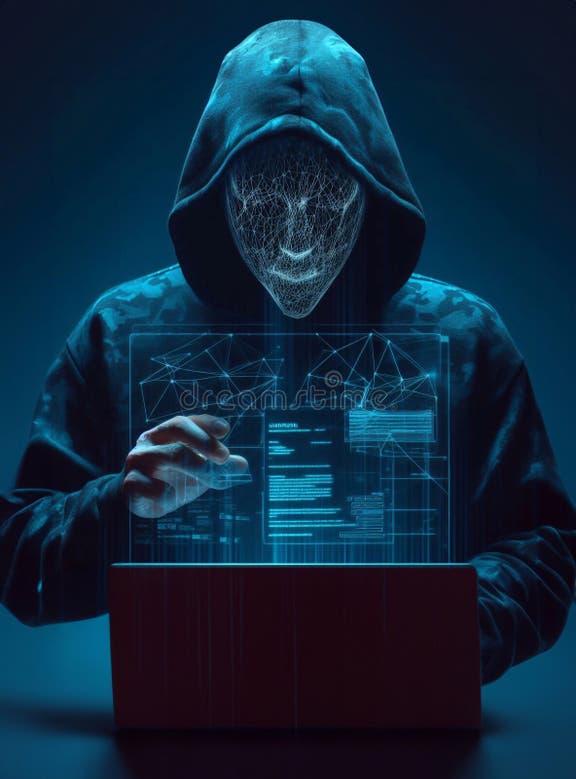 Hacker in Mysterious Looking Hood is Using Hologram Graphics, Network ...