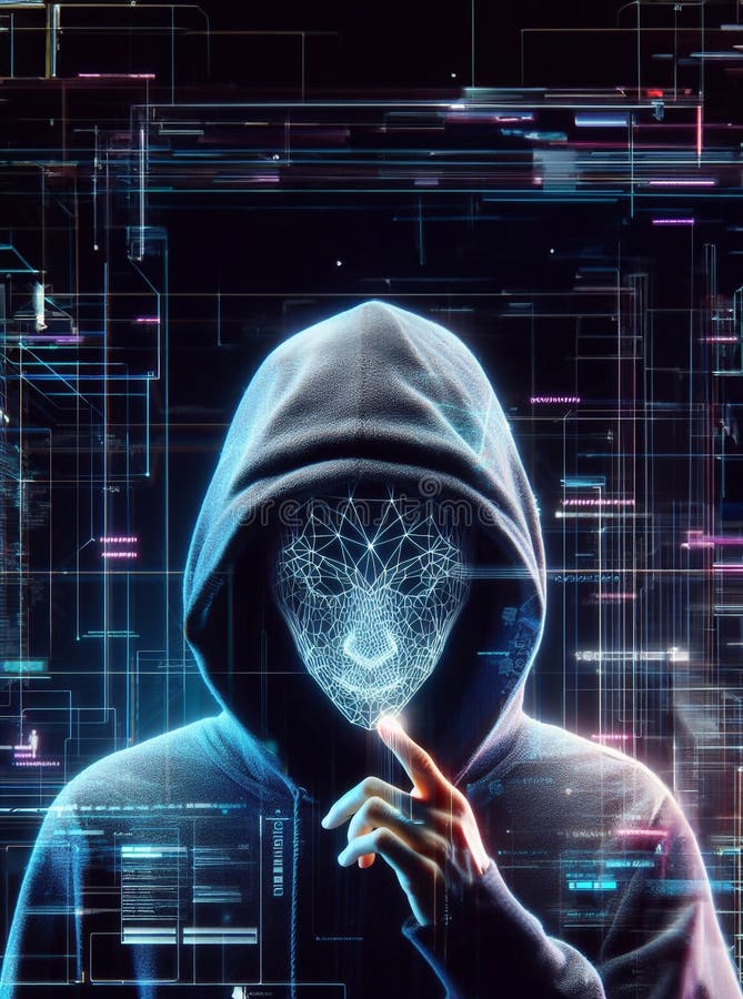 Hacker in Mysterious Looking Hood is Using Hologram Graphics, Network ...