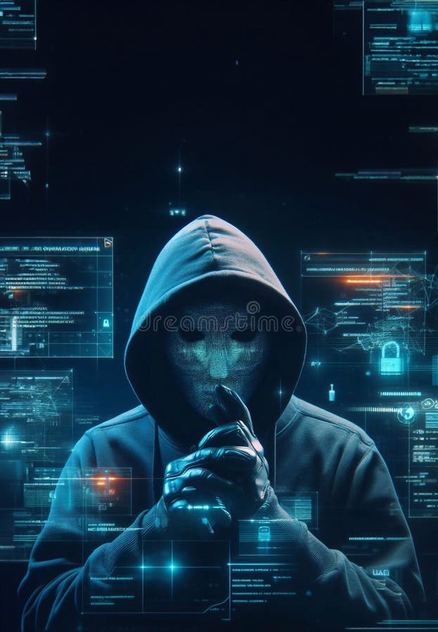 Hacker in Mysterious Looking Hood is Using Hologram Graphics, Network ...