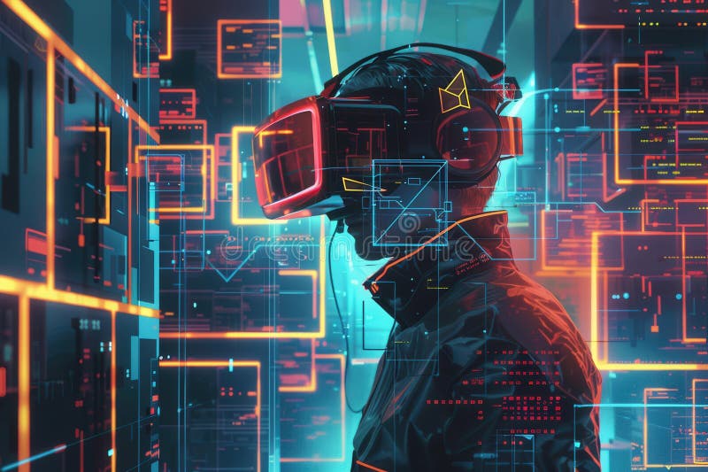 A Hacker Navigates a Vibrant Virtual Environment Filled with Digital ...