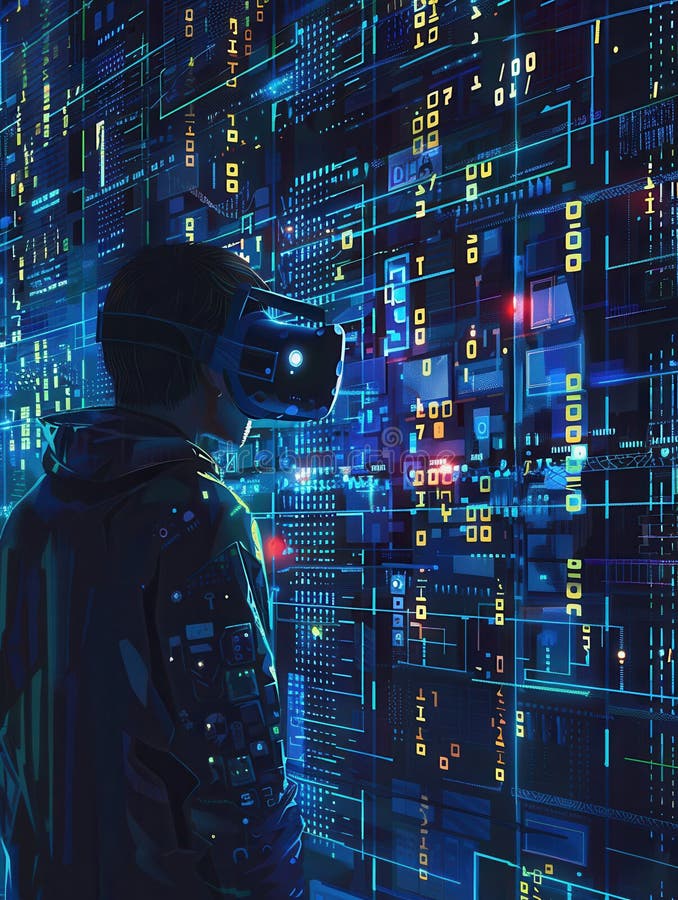 A Hacker Navigates a Vibrant Virtual Environment Filled with Digital ...