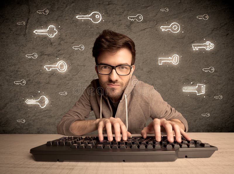 Hacker Nerd Guy with Drawn Password Keys Stock Photo - Image of concept ...