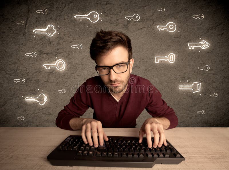 Hacker Nerd Guy with Drawn Password Keys Stock Photo - Image of funny ...