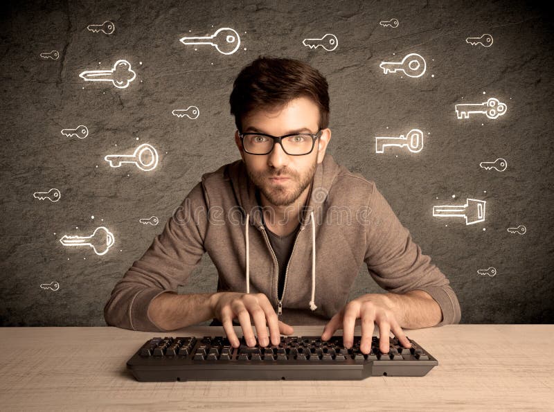 Hacker Nerd Guy with Drawn Password Keys Stock Photo - Image of mind ...