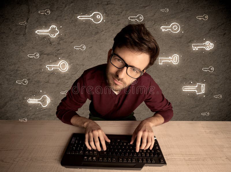 Hacker Nerd Guy with Drawn Password Keys Stock Photo - Image of funny ...