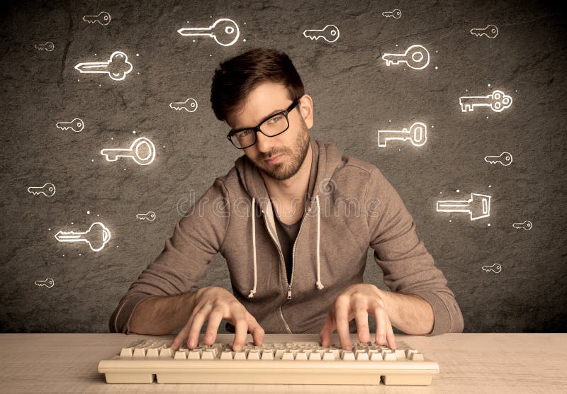 Hacker Nerd Guy with Drawn Password Keys Stock Image - Image of hands ...