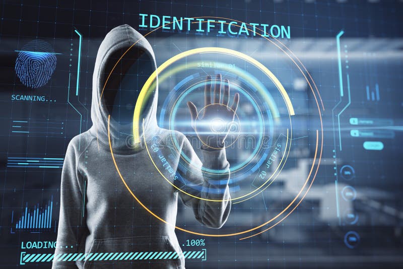 Hacker in Office Interior Using Abstract Round Identification Interface ...
