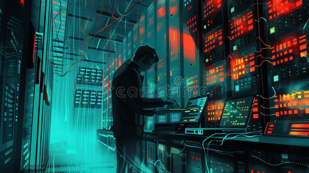 A Hacker Operates a Computer Amongst Glowing Servers, Engaged in ...