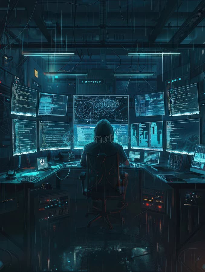 A Hacker Operates at a Desk in a Dimly Lit Room, Focused on Multiple ...