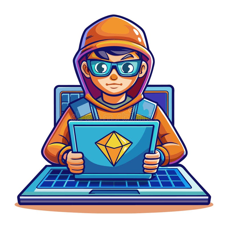 Hacker Operating a Laptop Cartoon Vector Illustration. Stock Vector ...