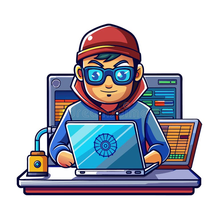 Hacker Operating a Laptop Cartoon Vector Illustration on White ...
