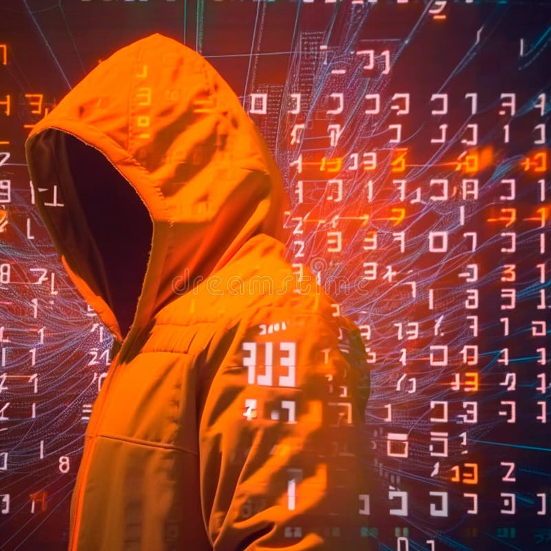 Hacker in an Orange Hood. Genius of the Computer World Stock ...