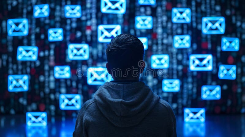 Hacker Outline on Screen with Flagged Threat Emails, Rear Angle, Hidden ...