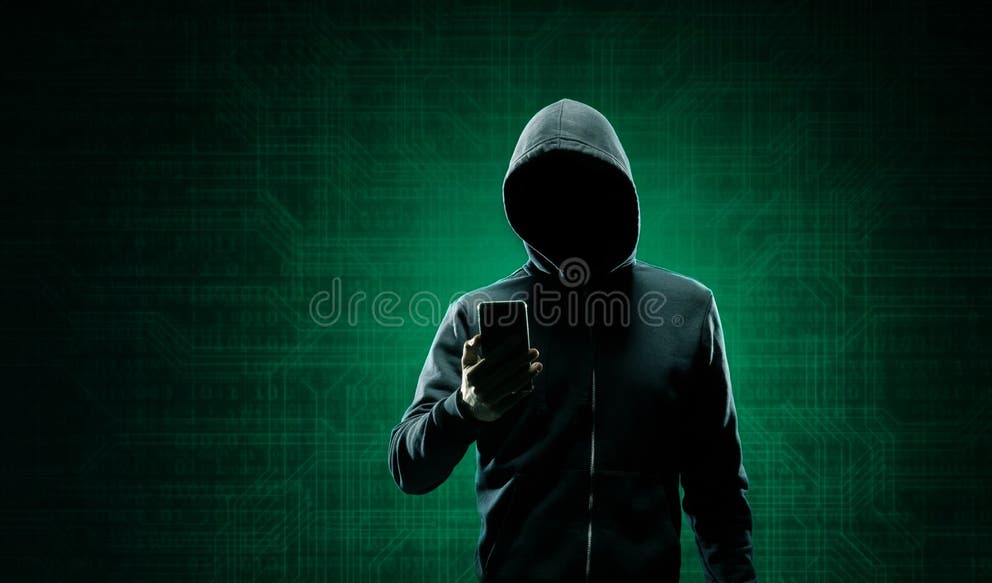 Hacker Over Abstract Digital Background with Elements of Binary Code and Computer Programs ...