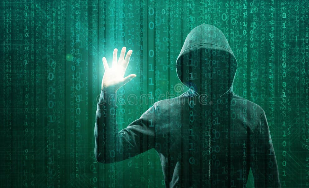 Hacker Over Abstract Digital Background with Elements of Binary Code and Computer Programs ...