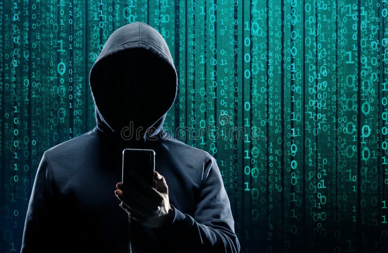 Hacker Over Abstract Digital Background with Elements of Binary Code and Computer Programs ...