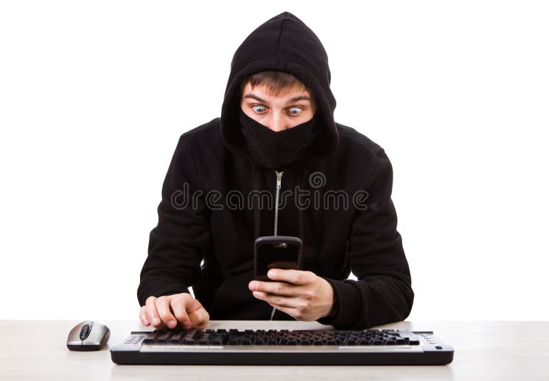 Hacker with a Phone stock image. Image of cellphone - 150699023
