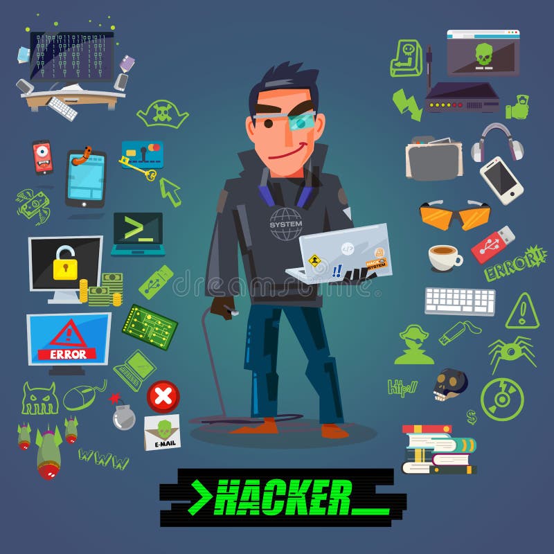 Hacker Or Programmer Character Design With Icon Set Come With
