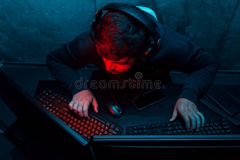 Hacker Programmer Using Computer in Dark Room Stock Image - Image of ...