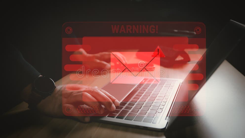 Hacker or Programmer Using Laptop with Triangle Caution Warning Sign, Coding, Cryptography ...