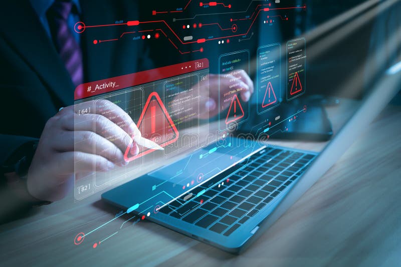 Hacker or Programmer Using Laptop with Triangle Caution Warning Sign ...