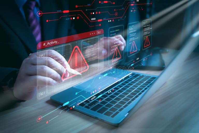 Hacker or Programmer Using Laptop with Triangle Caution Warning Sign, Coding, Cryptography ...