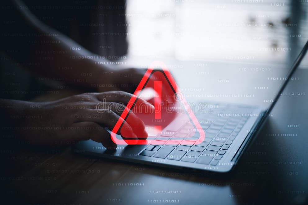 Hacker or Programmer Using Laptop with Triangle Caution Warning Sign ...