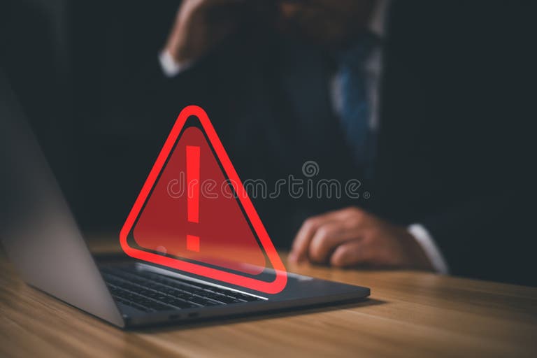 Hacker or Programmer Using Laptop with Triangle Caution Warning Sign ...