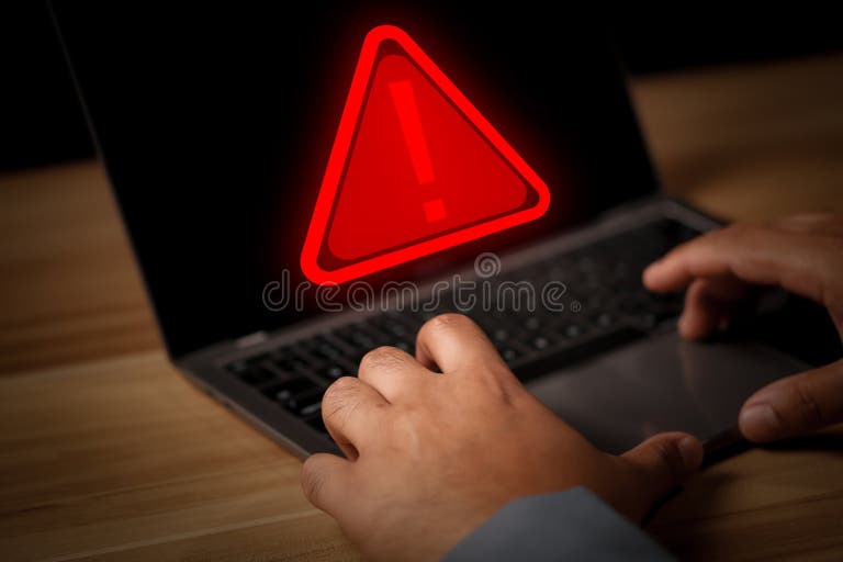 Hacker or Programmer Using Laptop with Triangle Caution Warning Sign ...